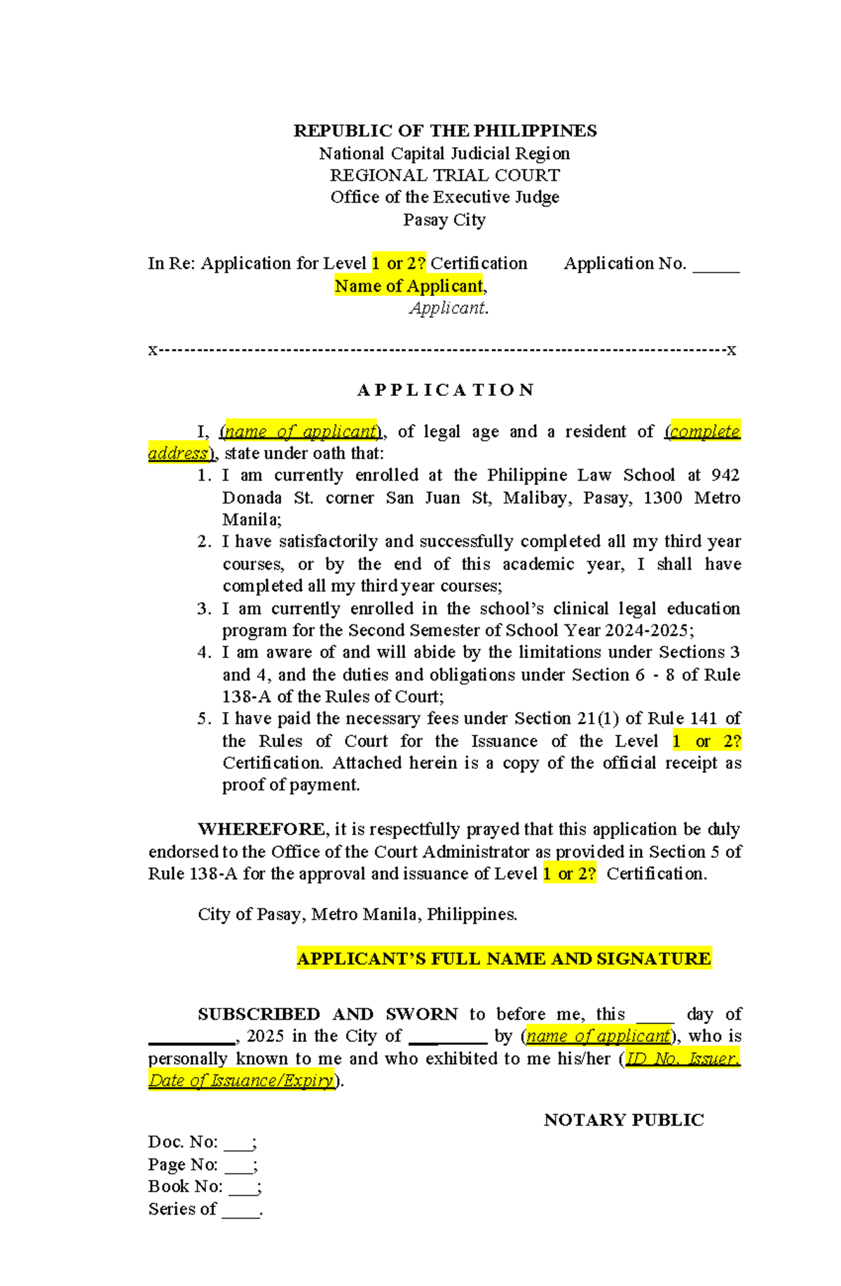 Level 1 or 2 Certification Application Form for Law Students - Studocu
