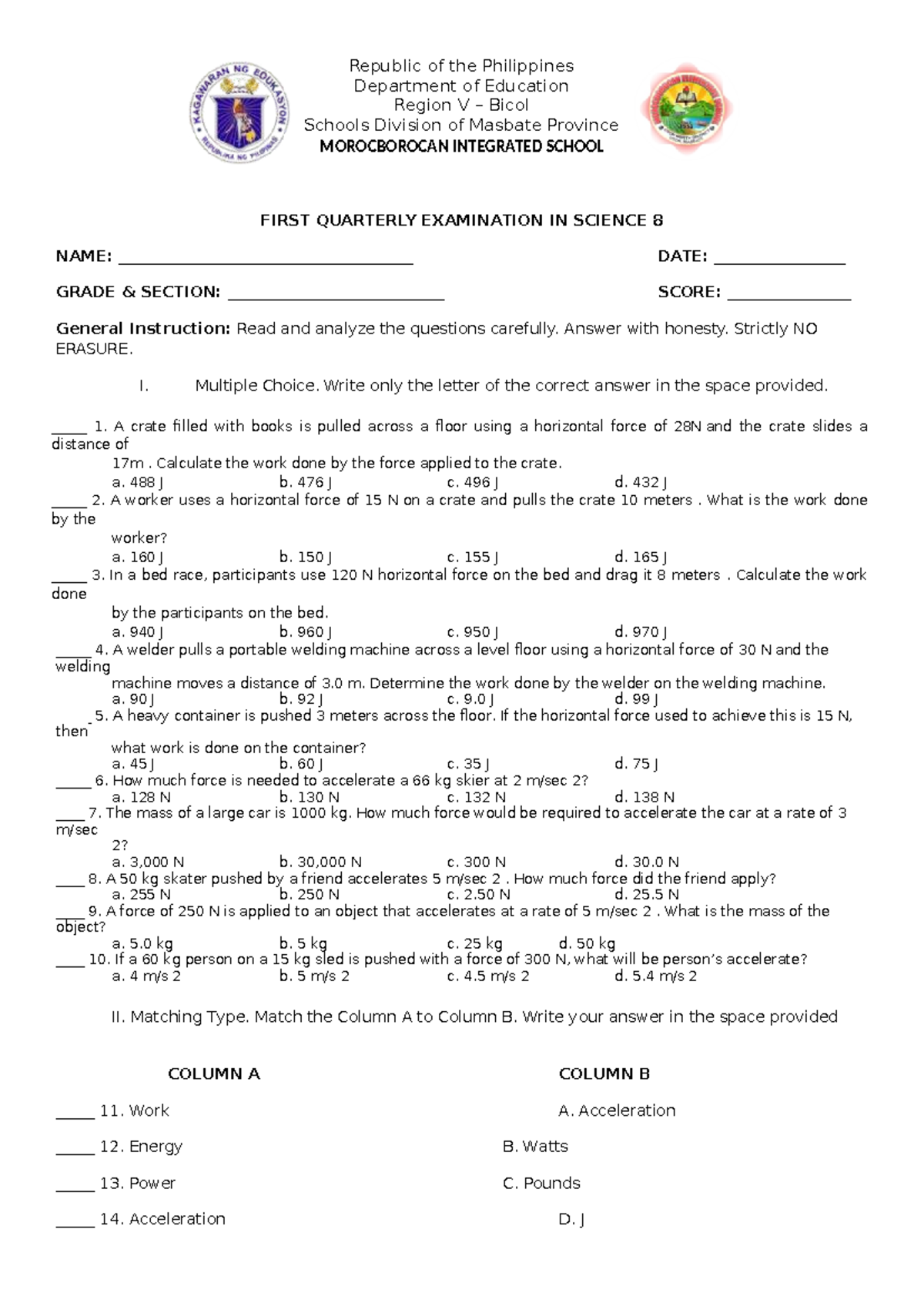 Science 8 - 1st Quarter Exam Questions and Answers - Studocu