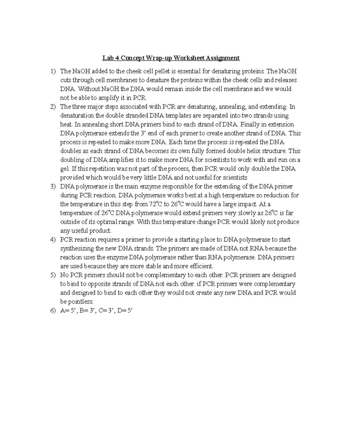 BIOL 1000 Lab 4: PCR Concepts and Techniques Worksheet - Studocu