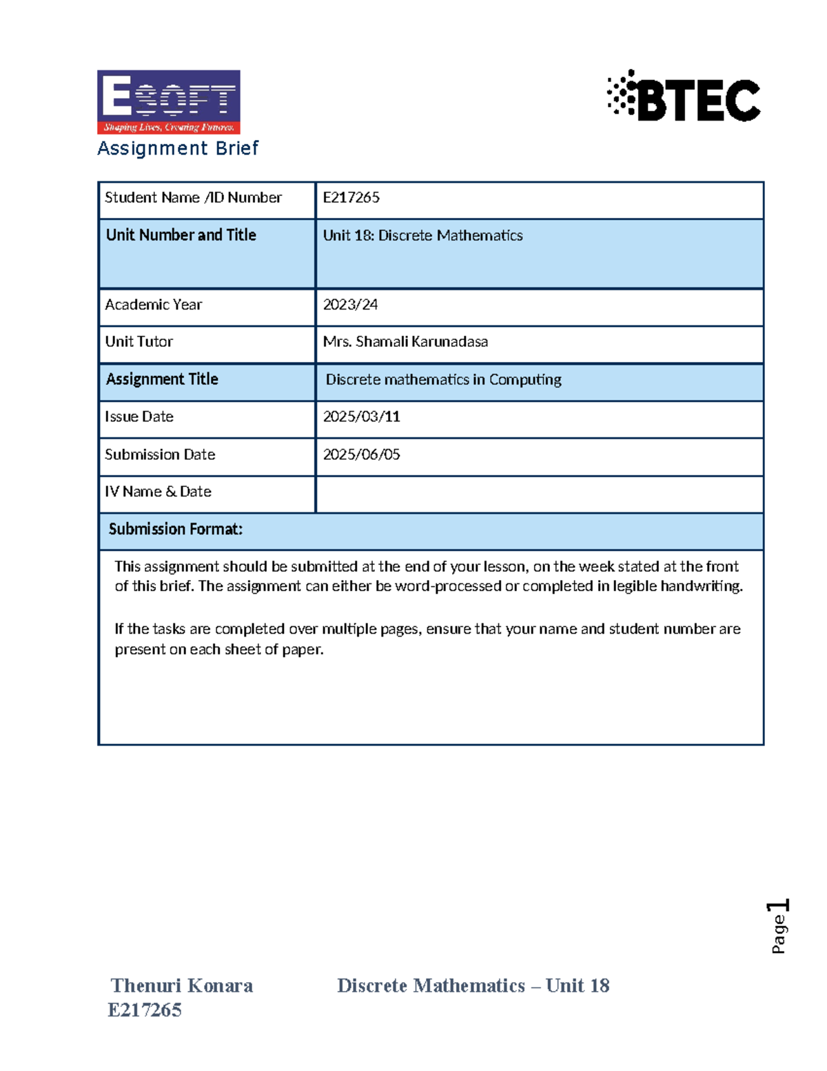 Discrete Mathematics Unit 18 Assignment - E217265 - Studocu