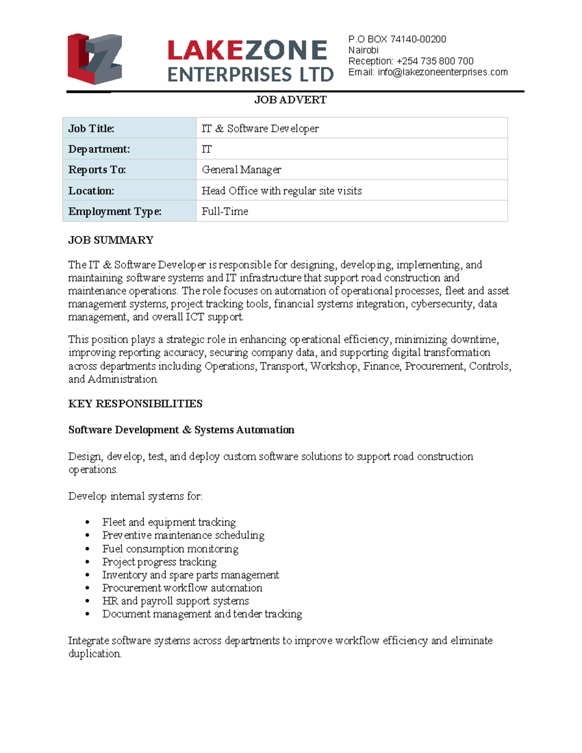 I.T & Software Developer - Job Advert at Lakezone Enterprises Ltd - Studocu