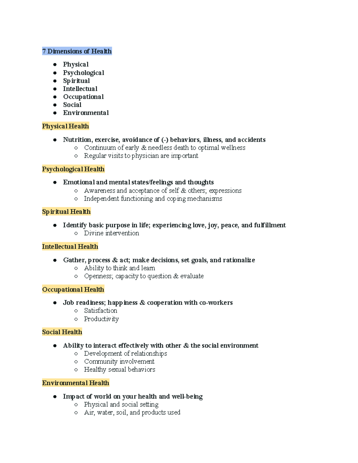 7 Dimensions of Health & Essential Nutrients Overview (HLTH 101) - Studocu