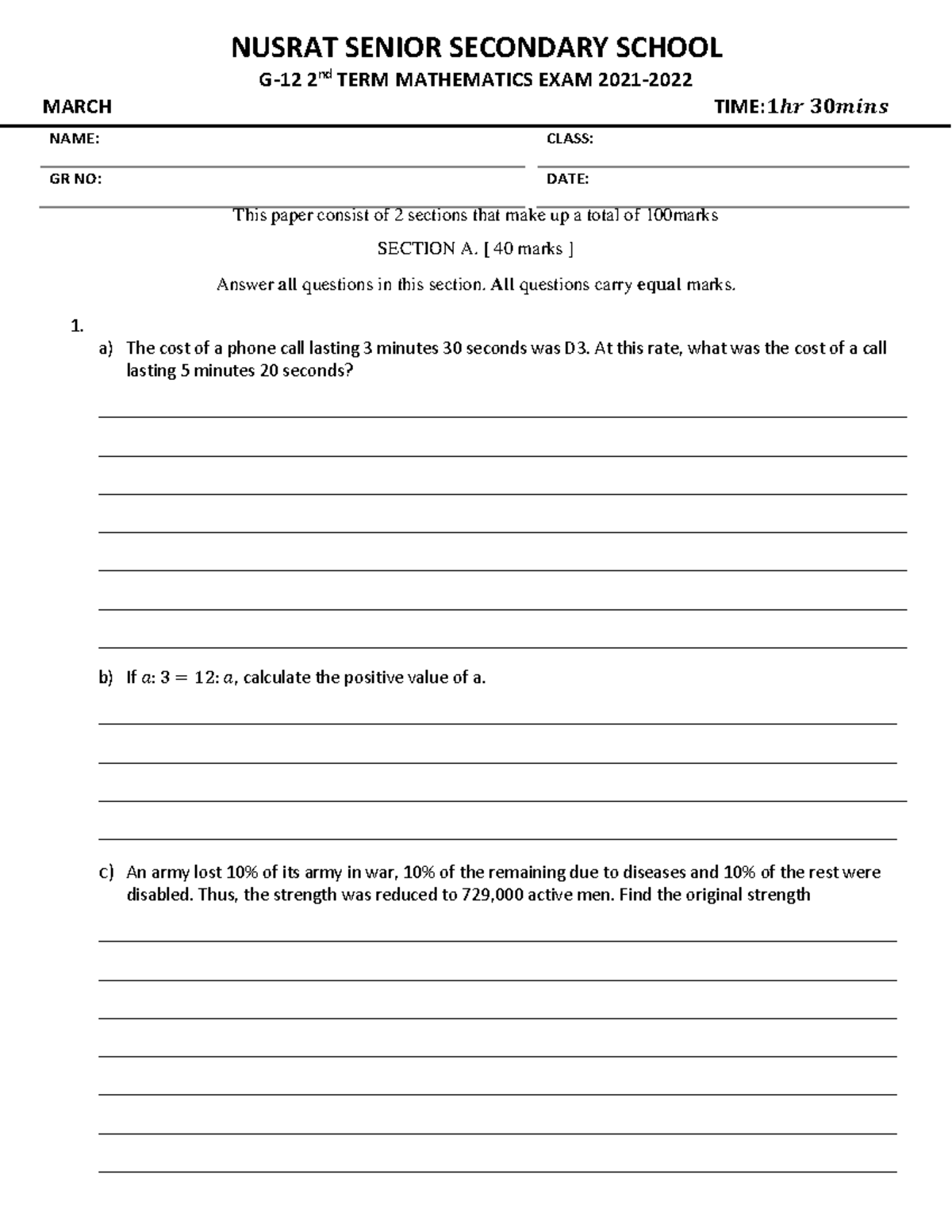 NUSRAT SENIOR SECONDARY SCHOOL G12 MATH 2ND TERM EXAM PAPER - Studocu