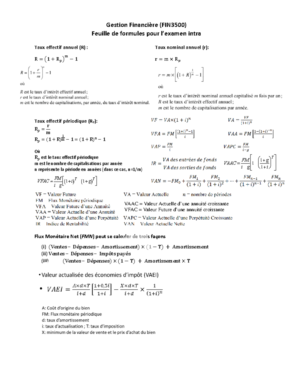 FIN 3500 Feuille de Formules pour Examen Intra de Gestion Financière ...