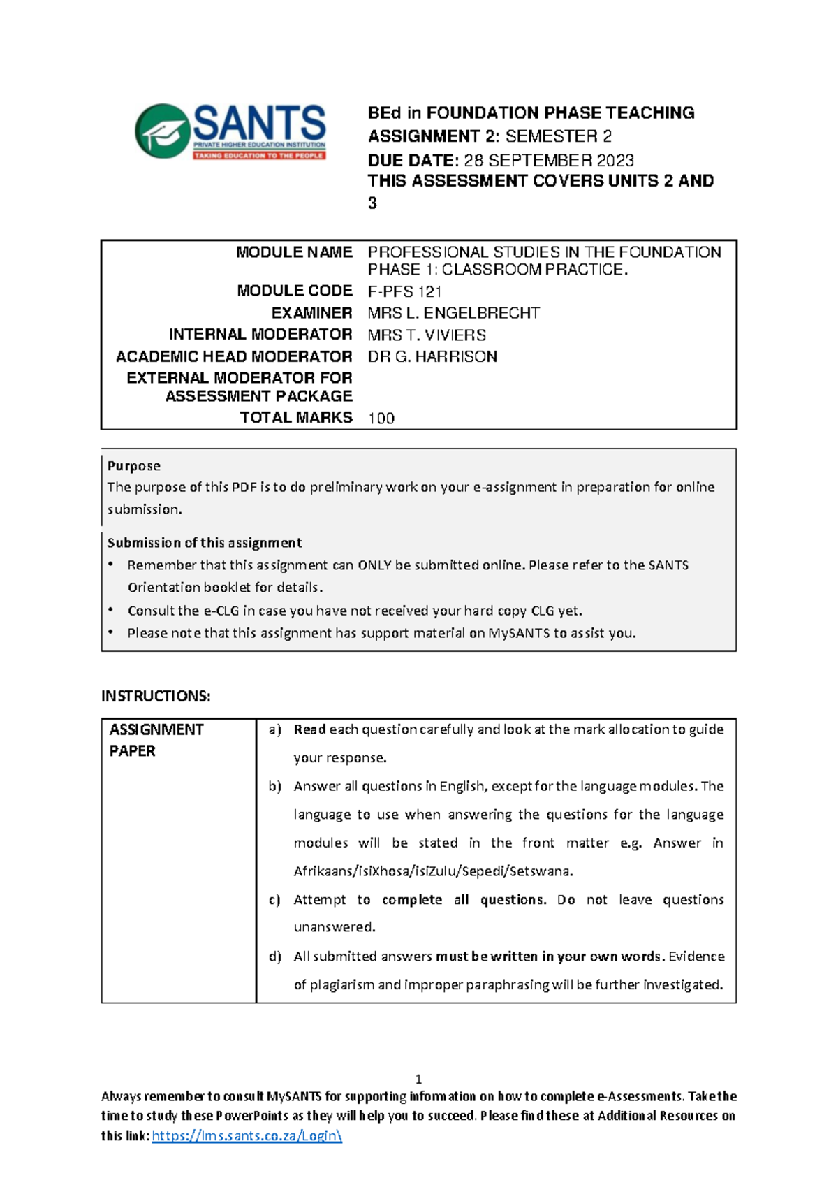 F-PFS 121 Assignment 2 QP - 1 Always remember to consult MySANTS for ...