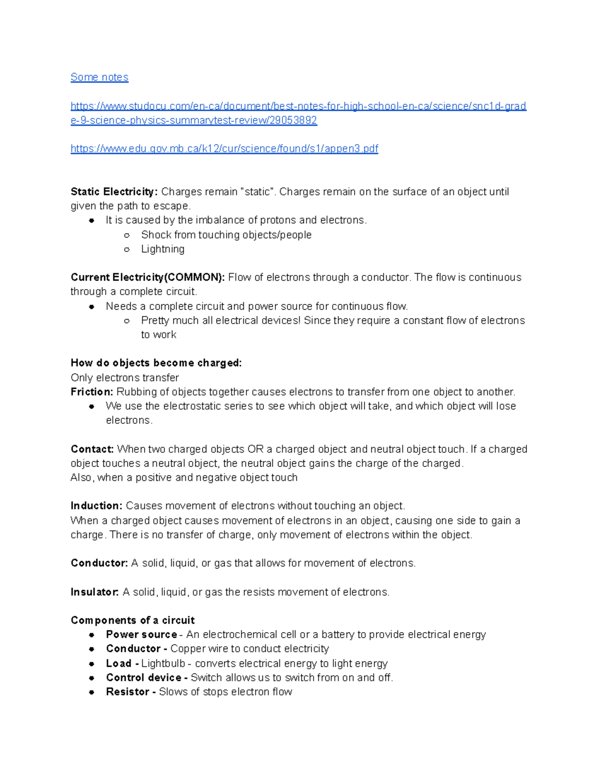 SNC1D - Grade 9 Electricity: Essential Notes and Concepts - Studocu