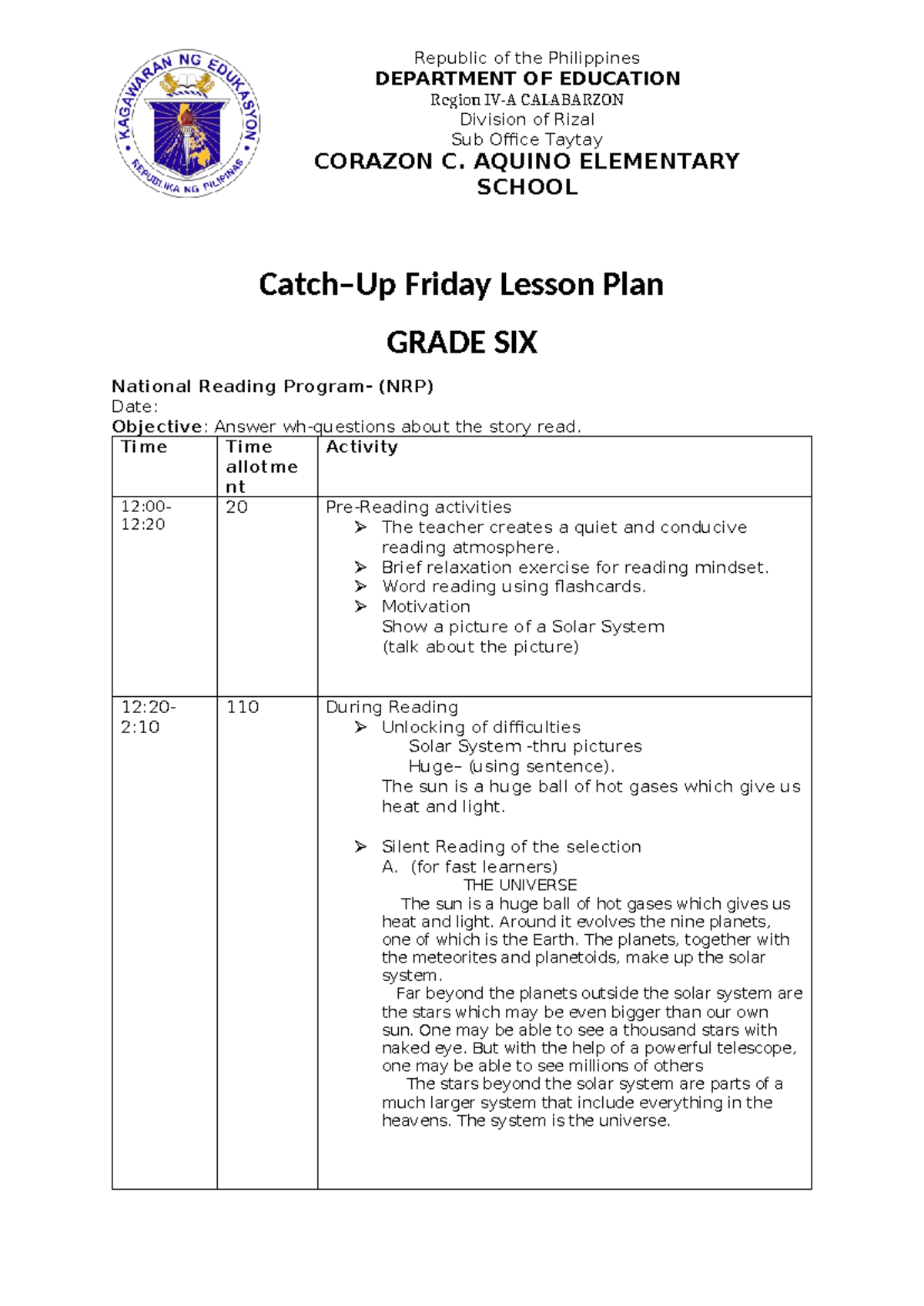 GRADE 6 Catch-Up Friday Lesson Plan: NRP Activities & Objectives - Studocu
