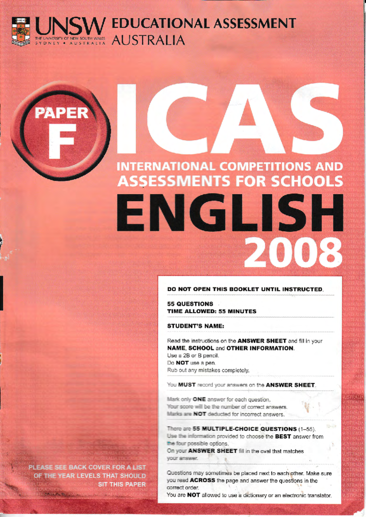 ICAS English Paper F 2008: Year 8 Assessment Guide - Studocu