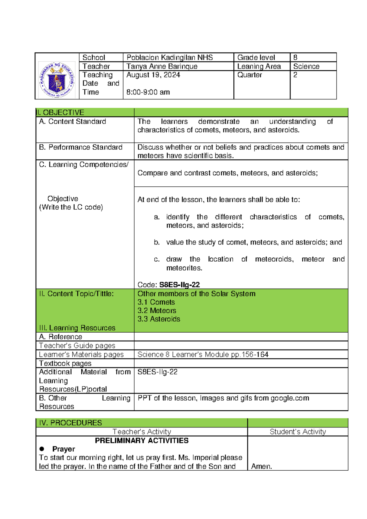 Understanding Comets, Meteors, and Asteroids - S8ES-IIg-22 Lesson Plan ...