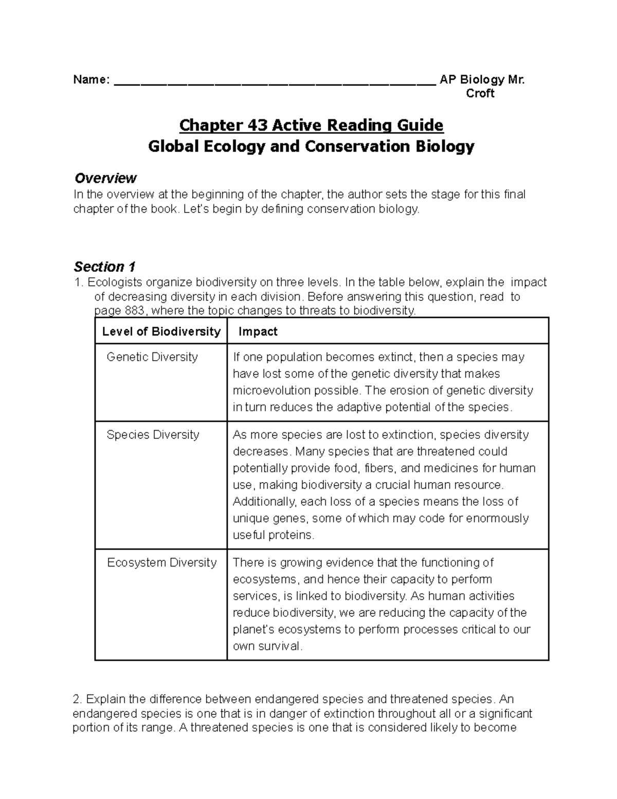 Chapter 43 Active Reading Guide: Global Ecology & Conservation Bio ...