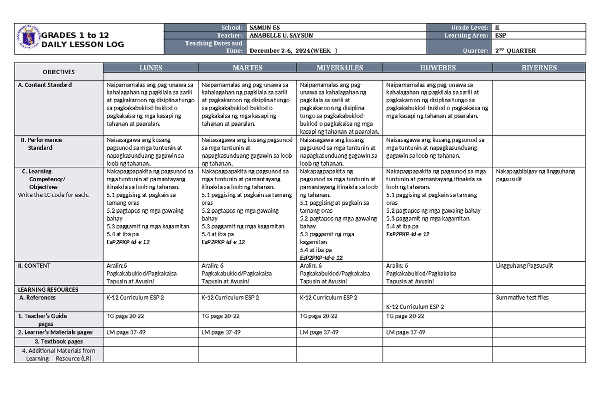 DLL ESP 2 Q1 W6 - awdawd - GRADES 1 to 12 DAILY LESSON LOG School ...
