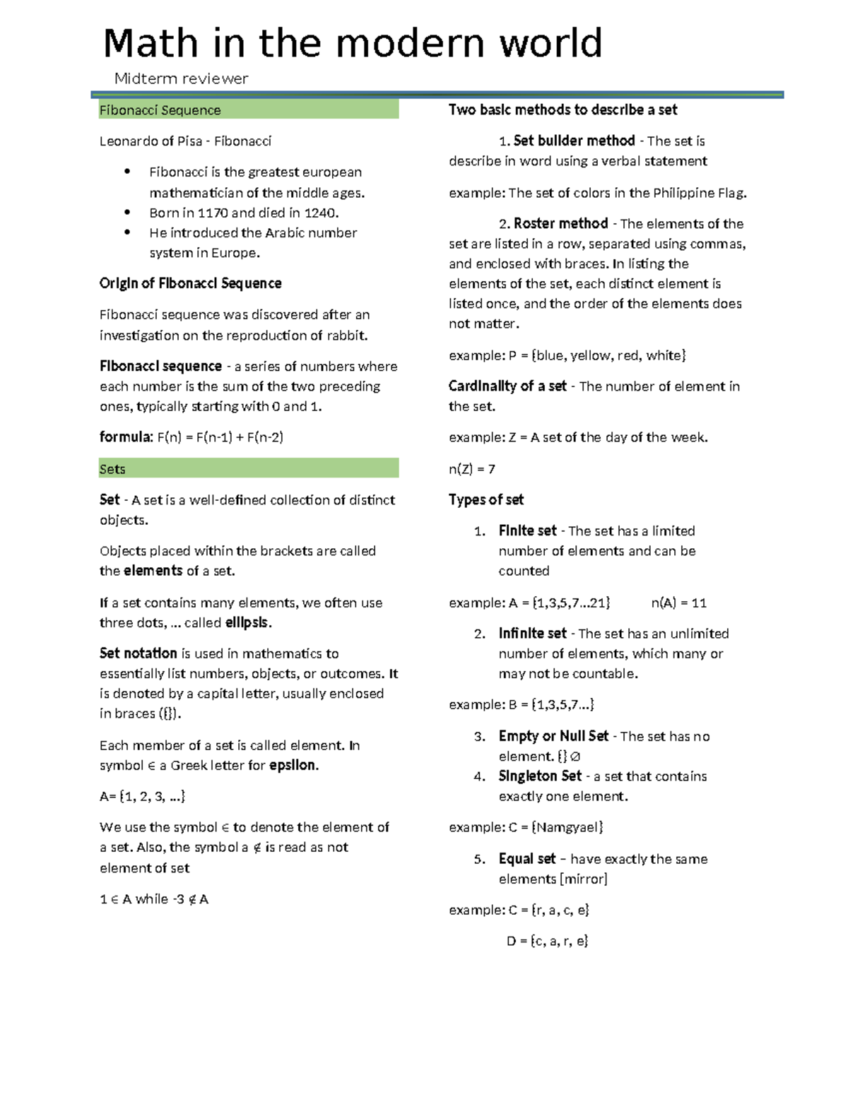 MMW 101 Midterm Reviewer: Fibonacci Sequence & Set Theory - Studocu