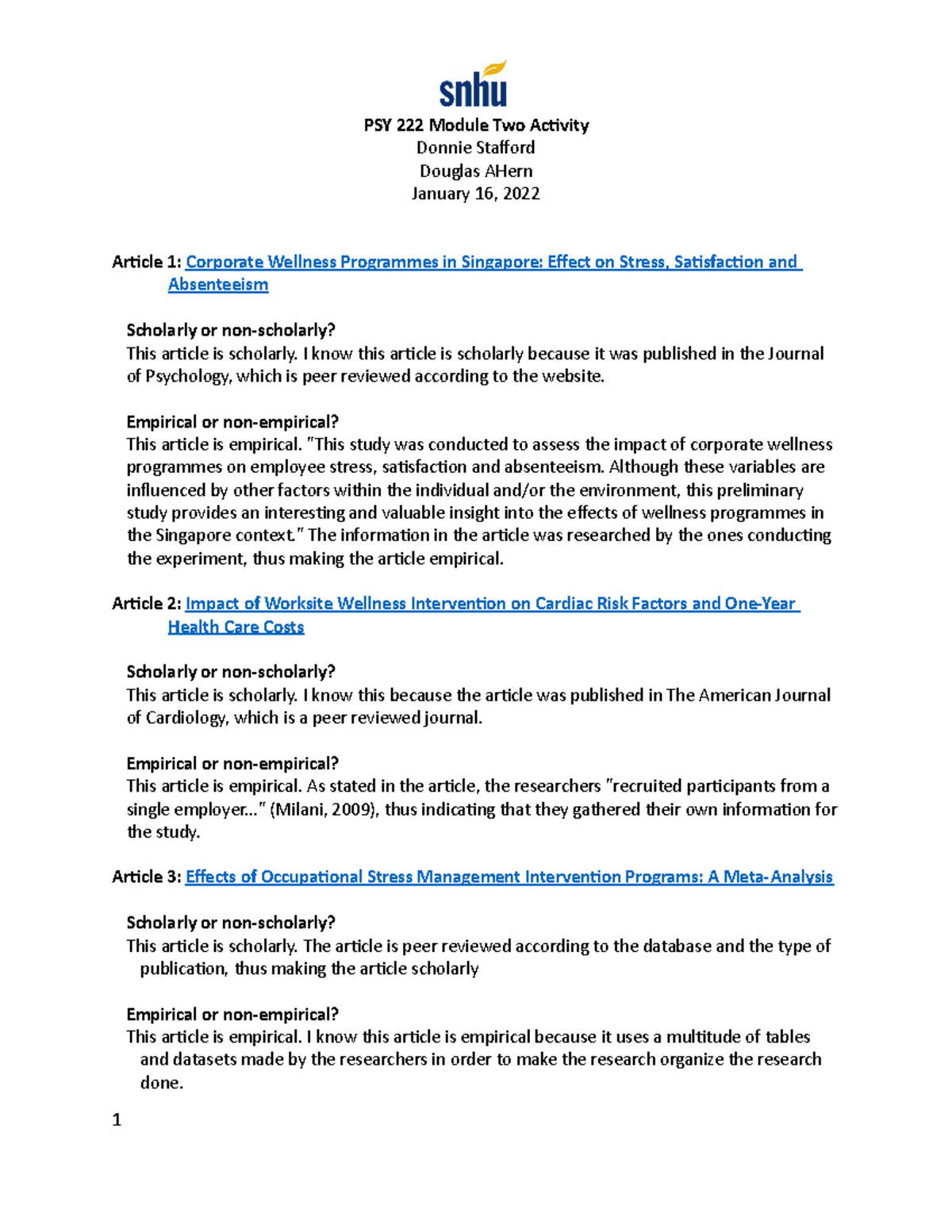 PSY222 Module Two Activity Assignment - PSY 222 Module Two Activity Donnie Stafford January 16 ...