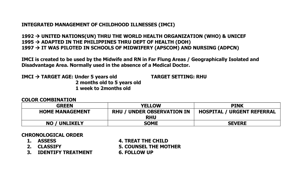 IMCI Guidelines for Childhood Illnesses Management (PS2TATZUQ) - Studocu