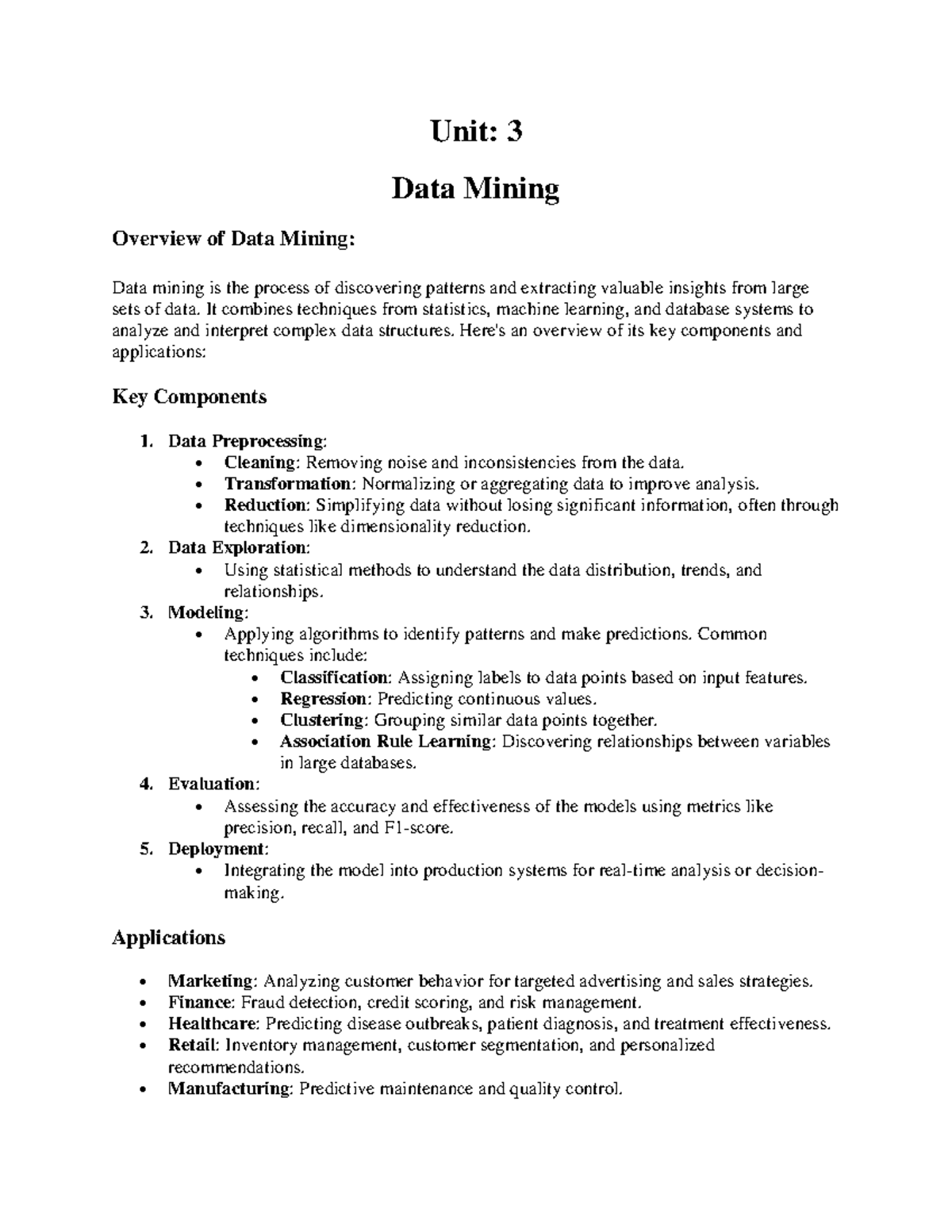 Data Warehousing & Data Mining Unit 3: Comprehensive Study Notes - Studocu