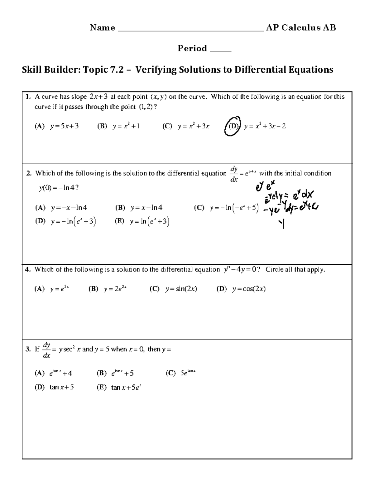 Unit 7 BC Calculus Homework: Differential Equations & Solutions - Studocu