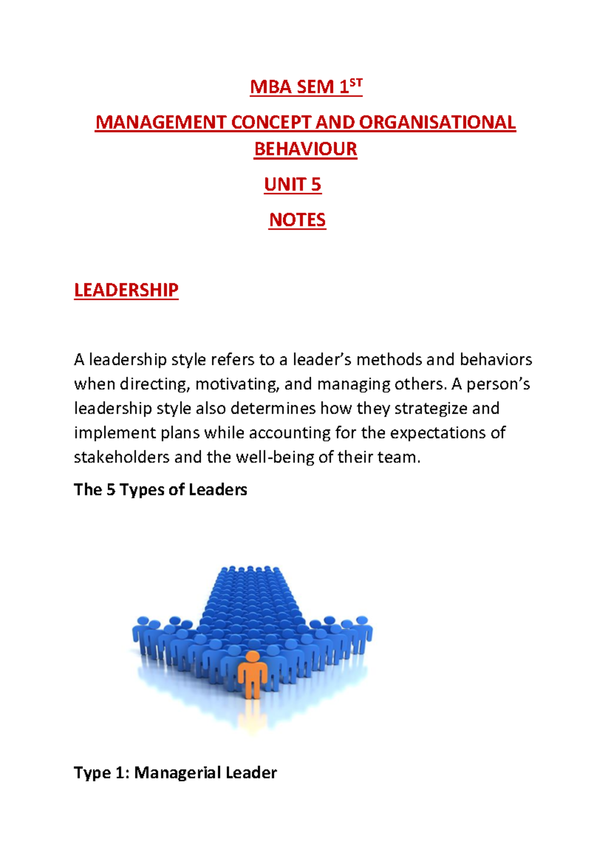 MBA 1ST SEM MANAGEMENT CONCEPTS & ORG BEHAVIOUR UNIT 5 LEADERSHIP NOTES ...