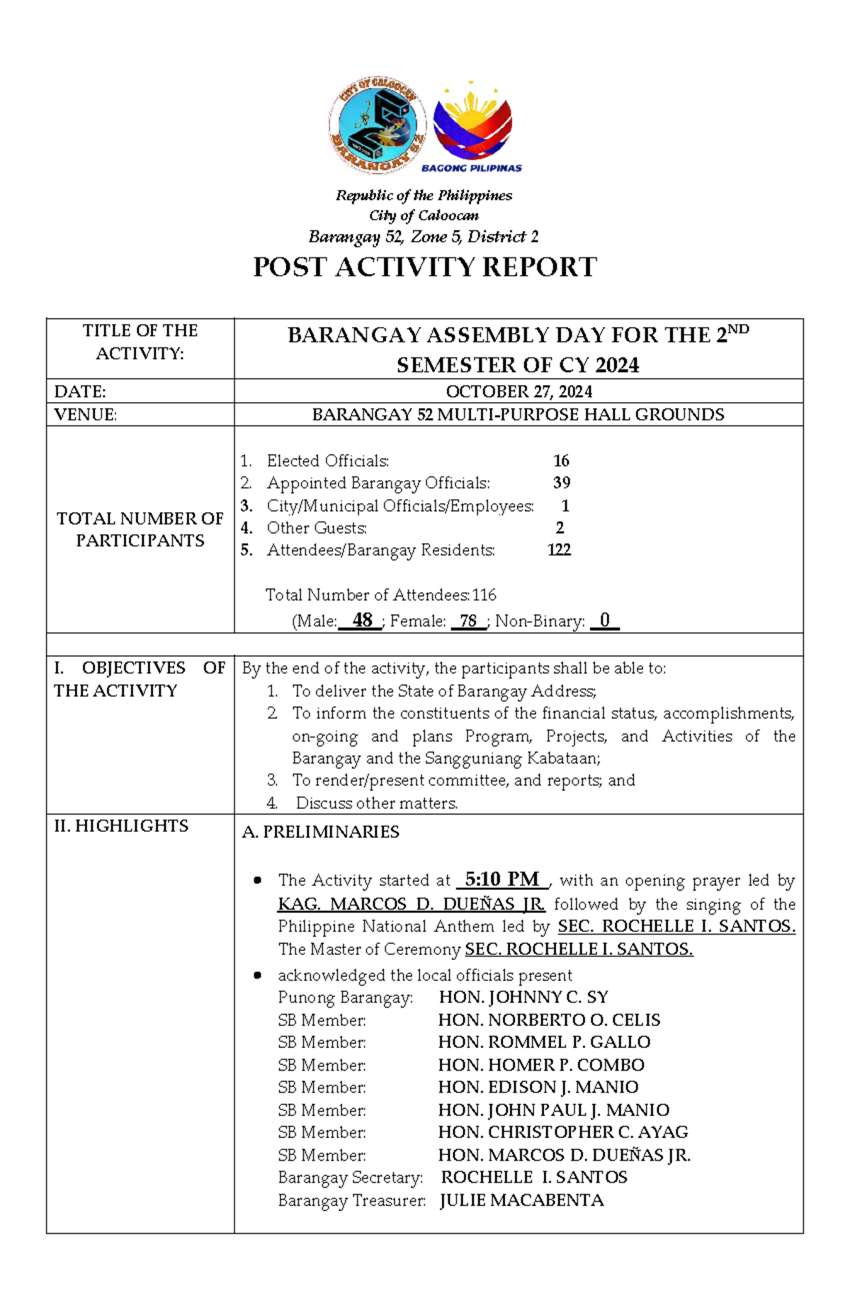 SOBA-POST ACTIVITY REPORT: BARANGAY ASSEMBLY DAY 2ND SEM 2024 - Studocu