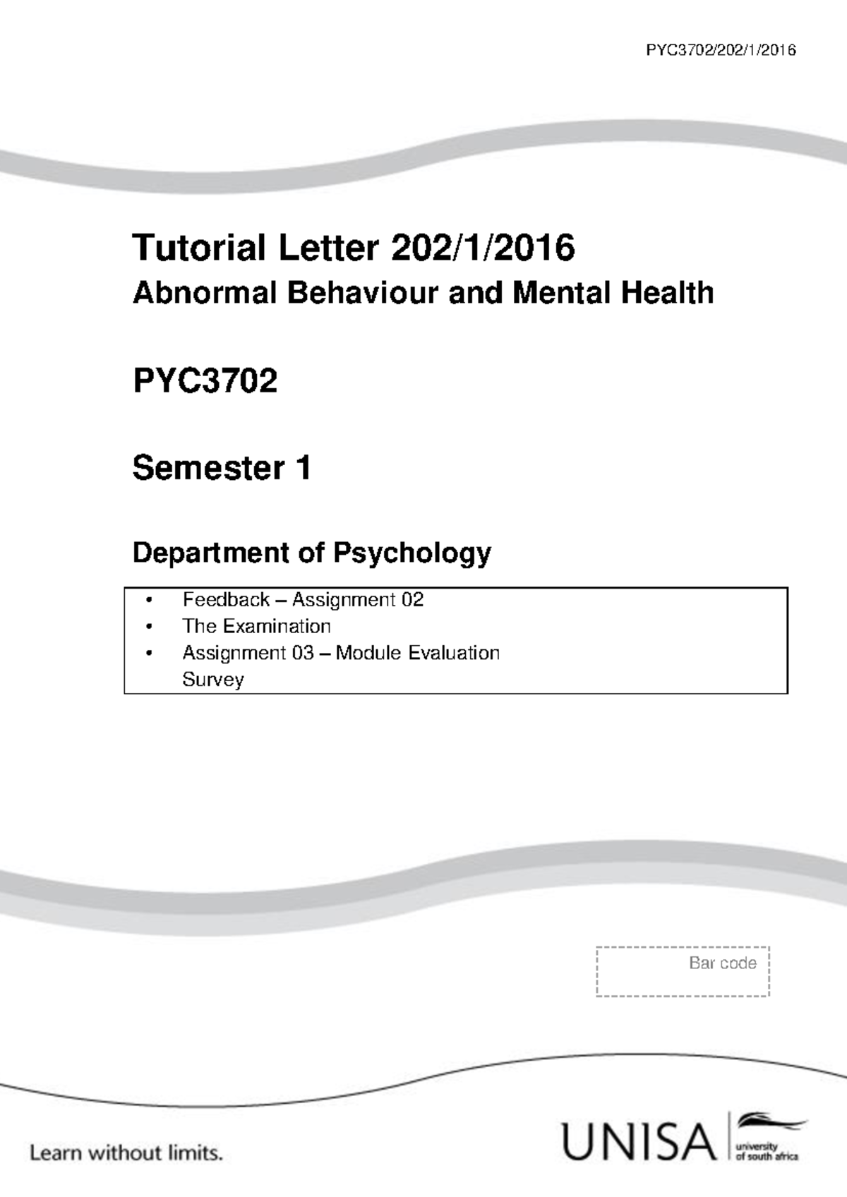 PYC3702 Abnormal Behaviour & Mental Health: Feedback & Exam Prep - Studocu