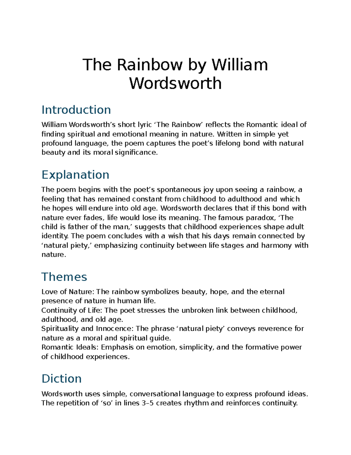 The Rainbow by William Wordsworth: An Essay Analysis - Studocu
