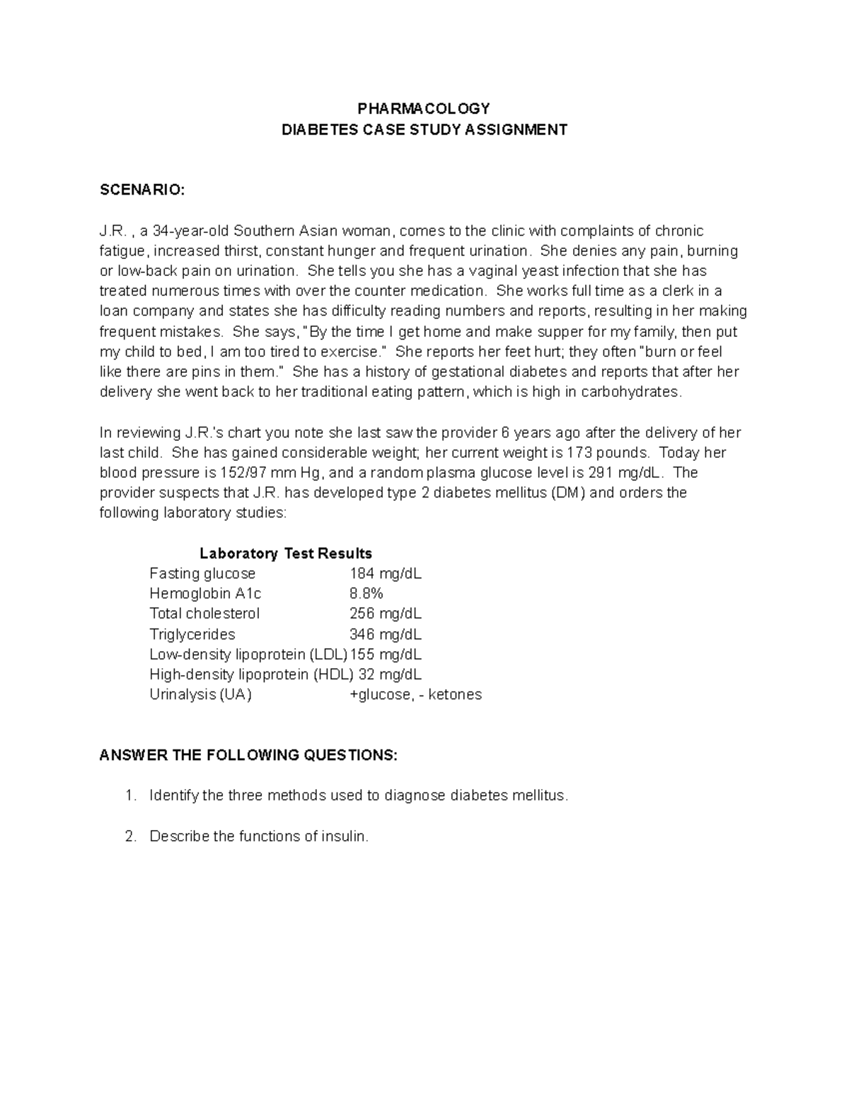 PHARMACOLOGY DIABETES CASE STUDY ASSIGNMENT: J.R.'s Scenario - Studocu