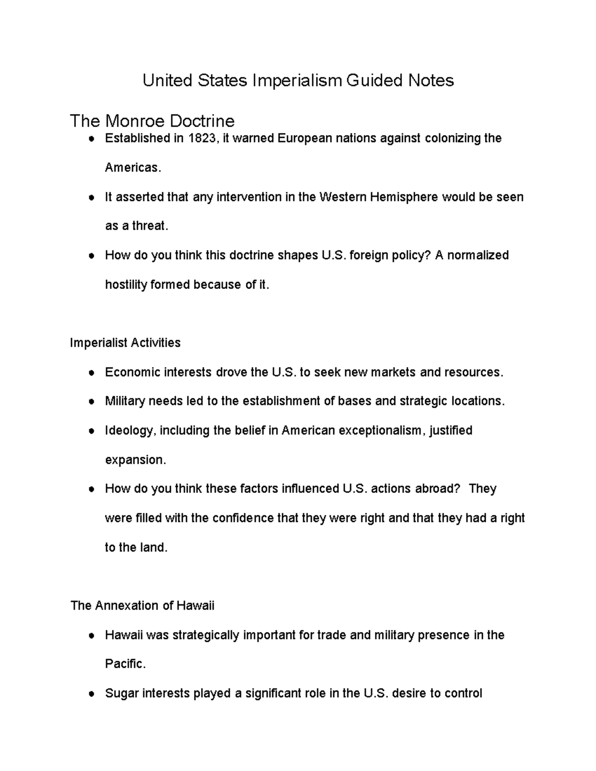 US Imperialism Guided Notes - Kawai - United States Imperialism Guided ...