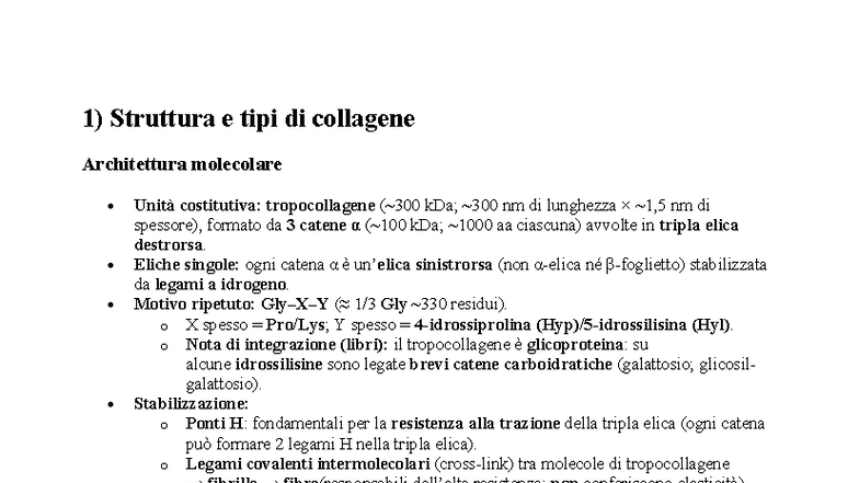 Riassunto Istologico sul Collagene: Struttura e Funzione - Studocu