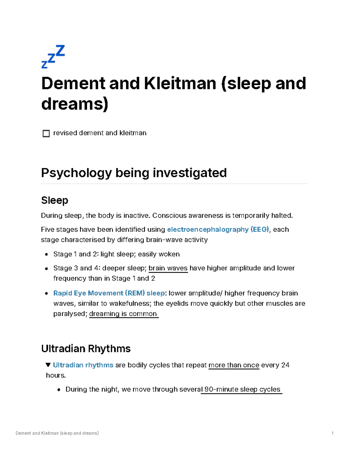 CIE 9990 Final Exam Notes: Dement and Kleitman on Sleep and Dreams ...