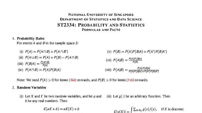 ST2334: Probability and Statistics Summary Formulas - Studocu