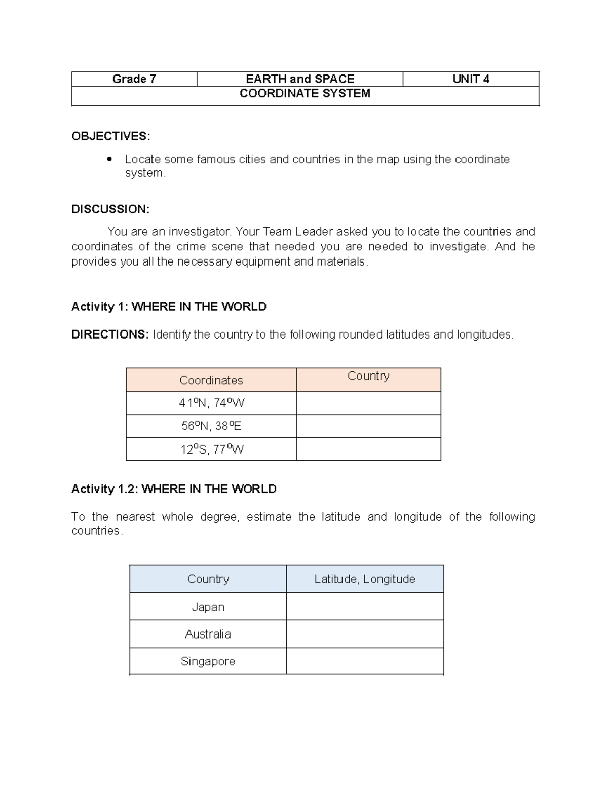 Grade 7 Earth & Space Unit 4: Coordinate System Activity Sheets - Studocu