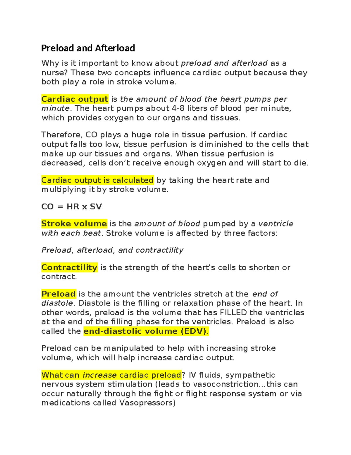 NUR 319 Lecture Notes: Understanding Preload, Afterload, and Shock ...