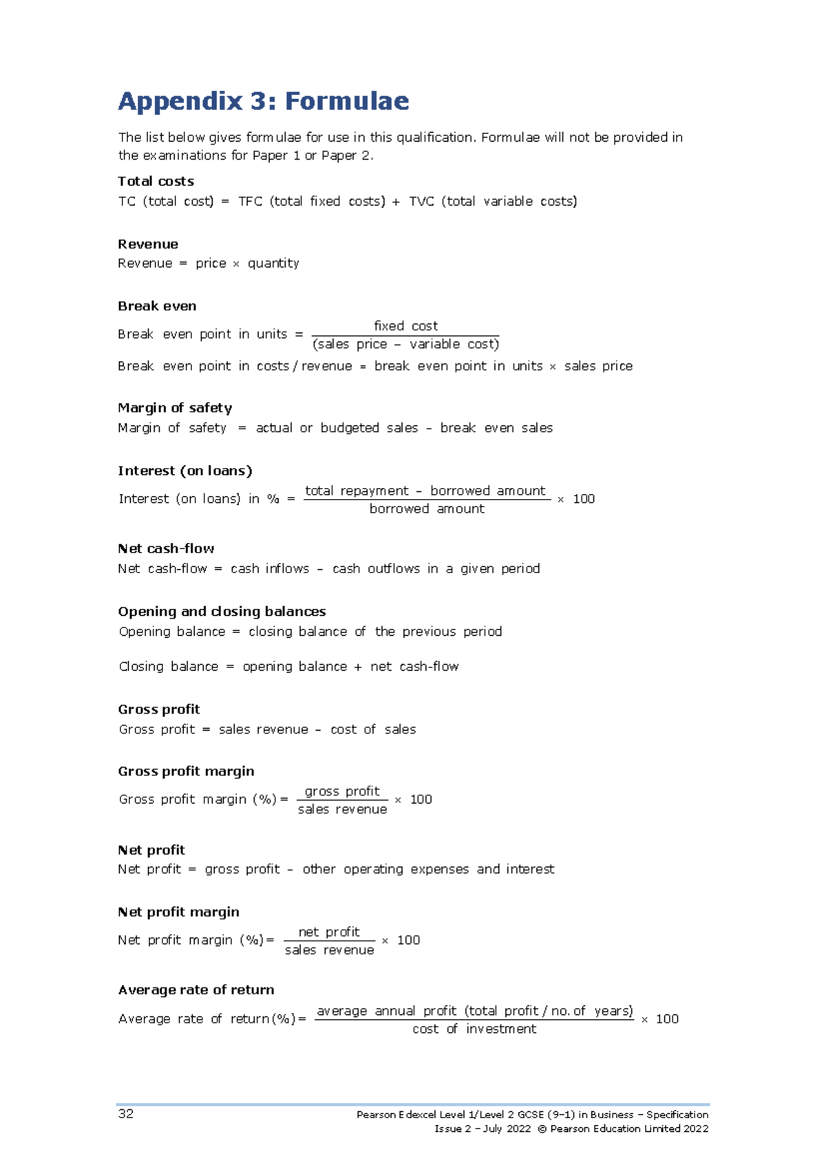 Pearson Edexcel GCSE (9–1) Business Spec - July 2022 Key Formulae - Studocu