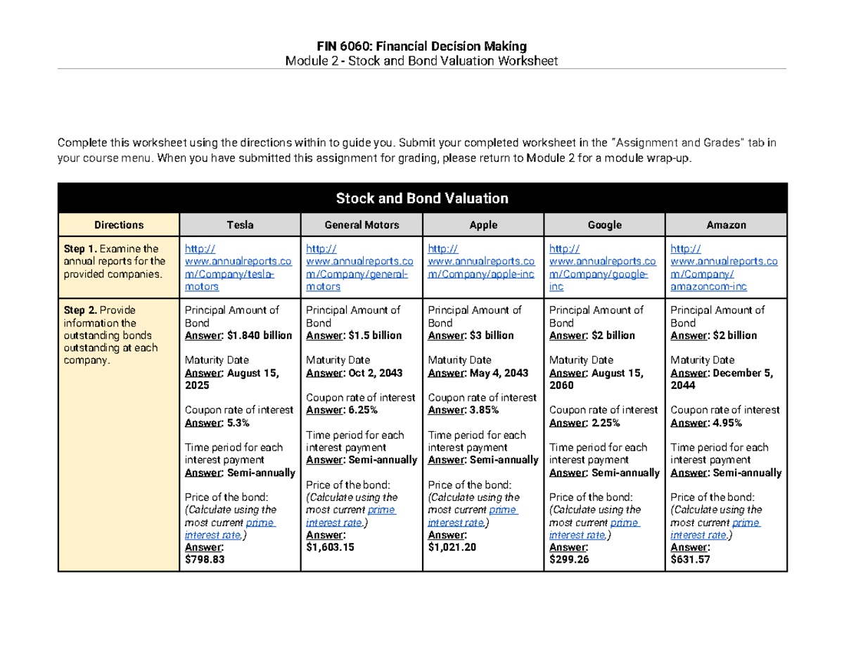 FIN 6060 Module 2 Worksheet: Stock & Bond Valuation Analysis - Studocu