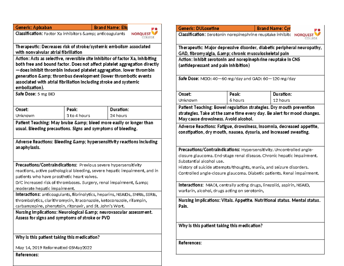 Medication Research Card: Apixaban (Eliquis) & DULoxetine (Cymbalta ...