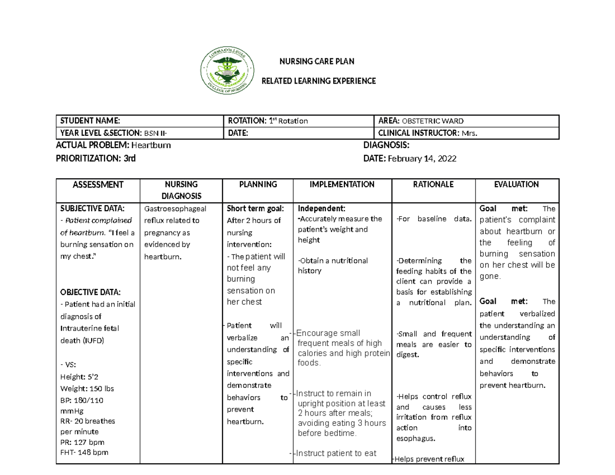 Sample Care Plan Gerd 8 Gastroesophageal Reflux Disease (GERD) Nursing