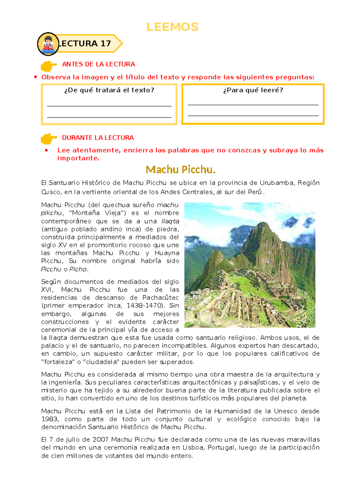 Comprensión del Texto: Machu Picchu - Lectura 17 Juntos - Studocu