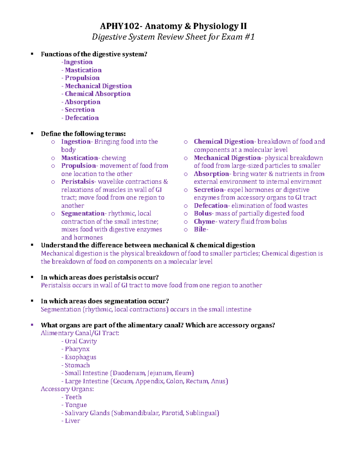 Digestive System Lecture Study Guide - APHY102- Anatomy & Physiology II ...