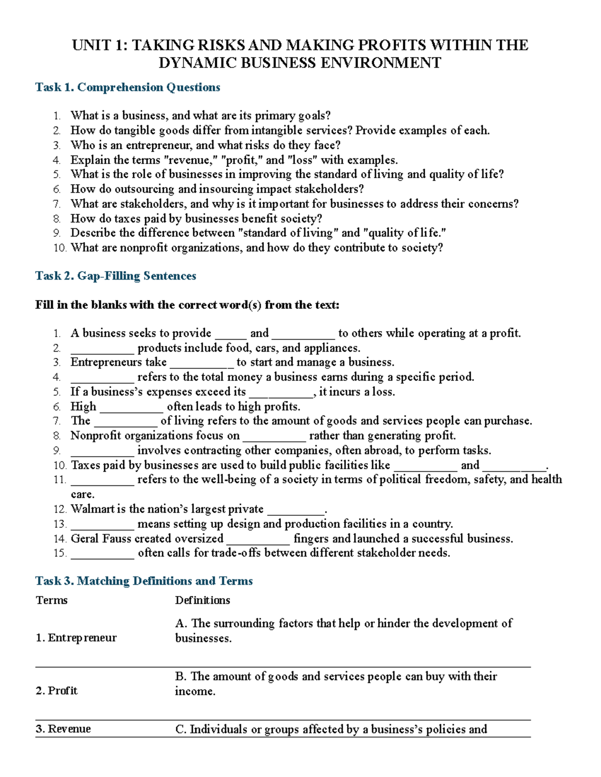 UNIT 1: TAKING RISKS AND MAKING PROFITS - TASK 1 COMPREHENSION ...
