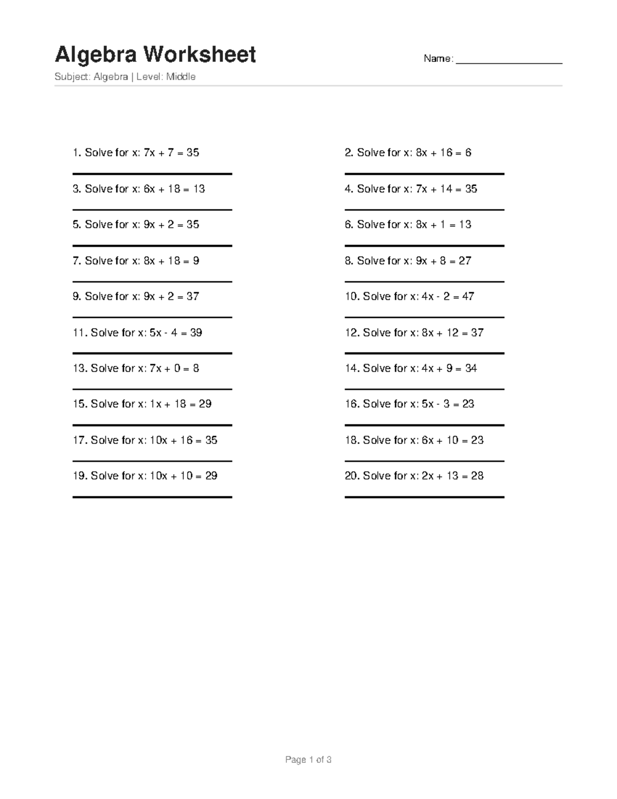 Algebra Worksheet (Middle Level) - Practice Problems & Answers - Studocu