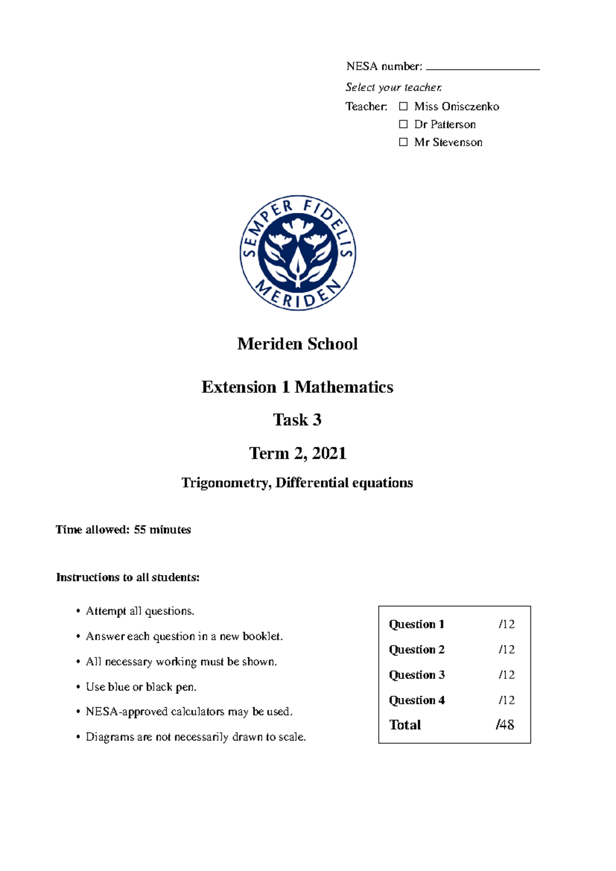 Mathematics Extension 1 Task 3 Trigonometry & Differential Equations ...