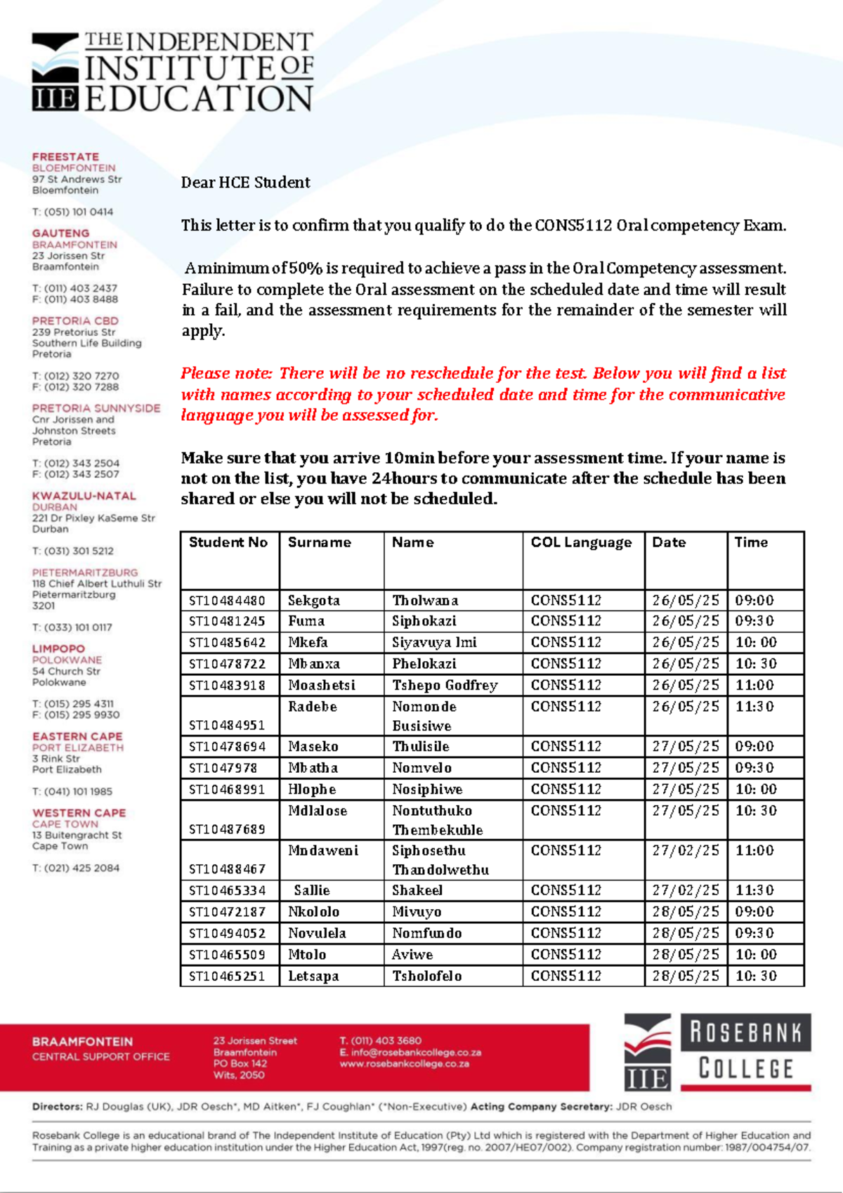 CONS5112 Oral Competency Exam Schedule and Guidelines - Studocu