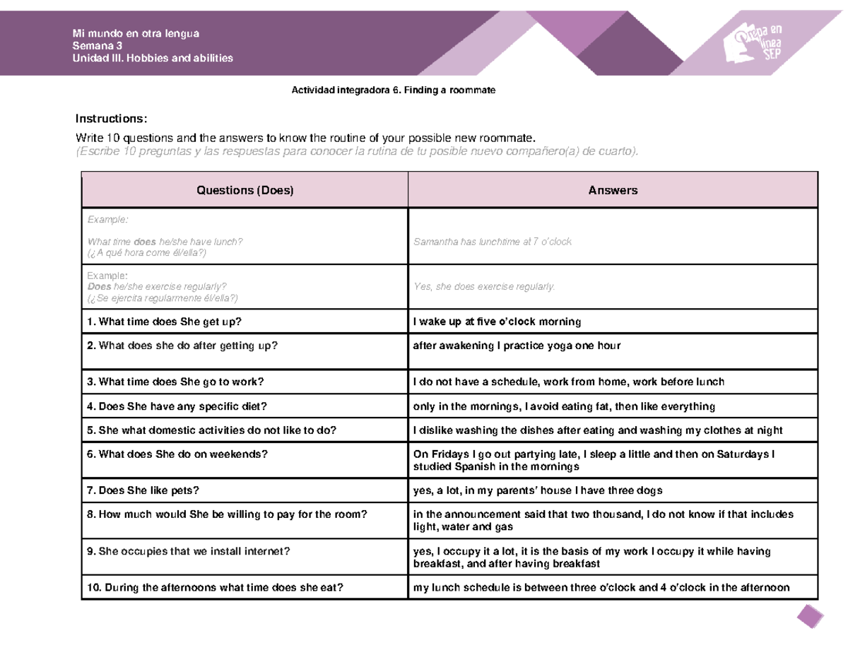 Módulo 6 Semana 3 Actividad integradora 6 Finding a roommate - 1 Mi mundo en otra lengua Semana ...