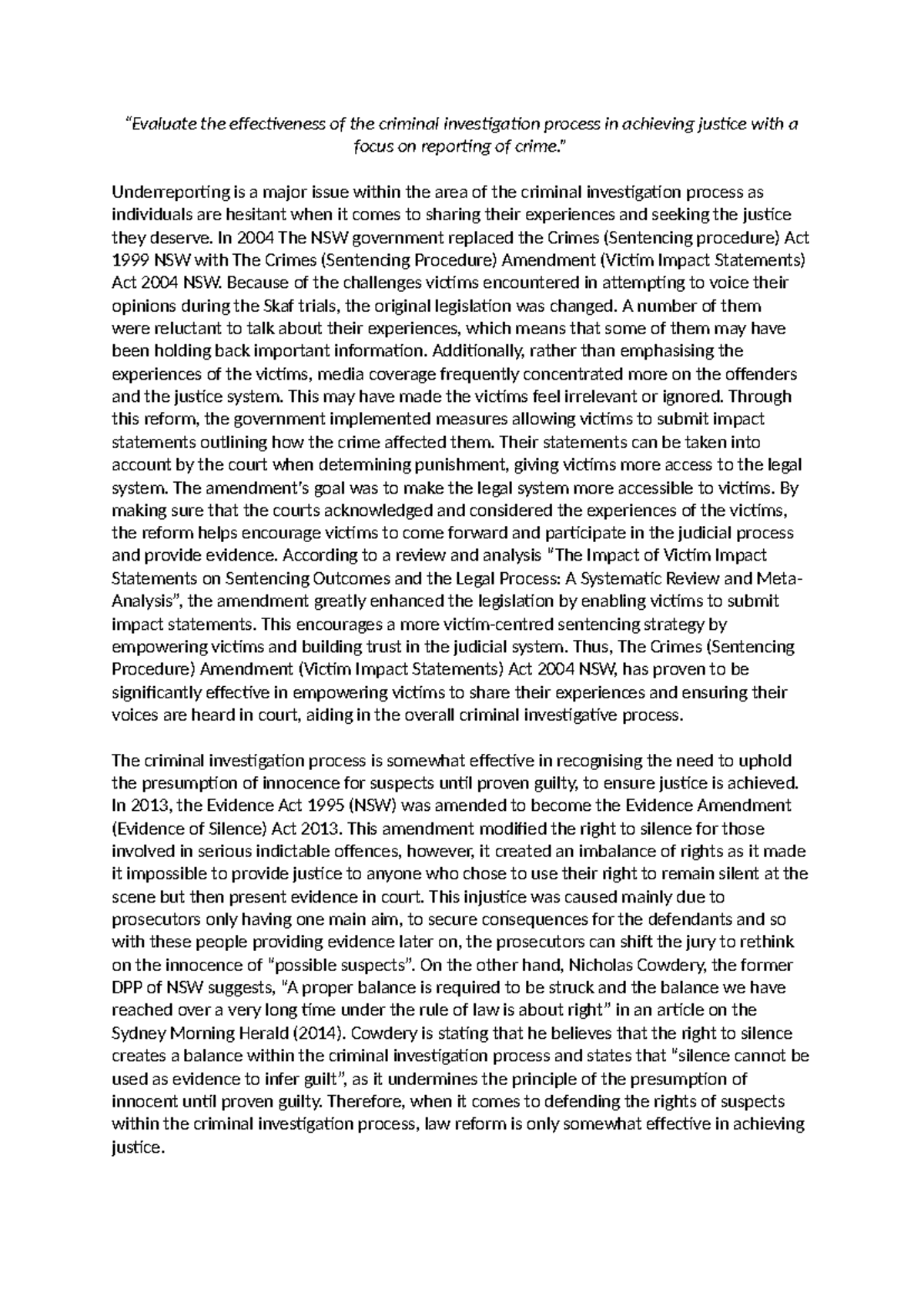 Legal Studies, three sample body paragraphs - CRIME - “Evaluate the ...