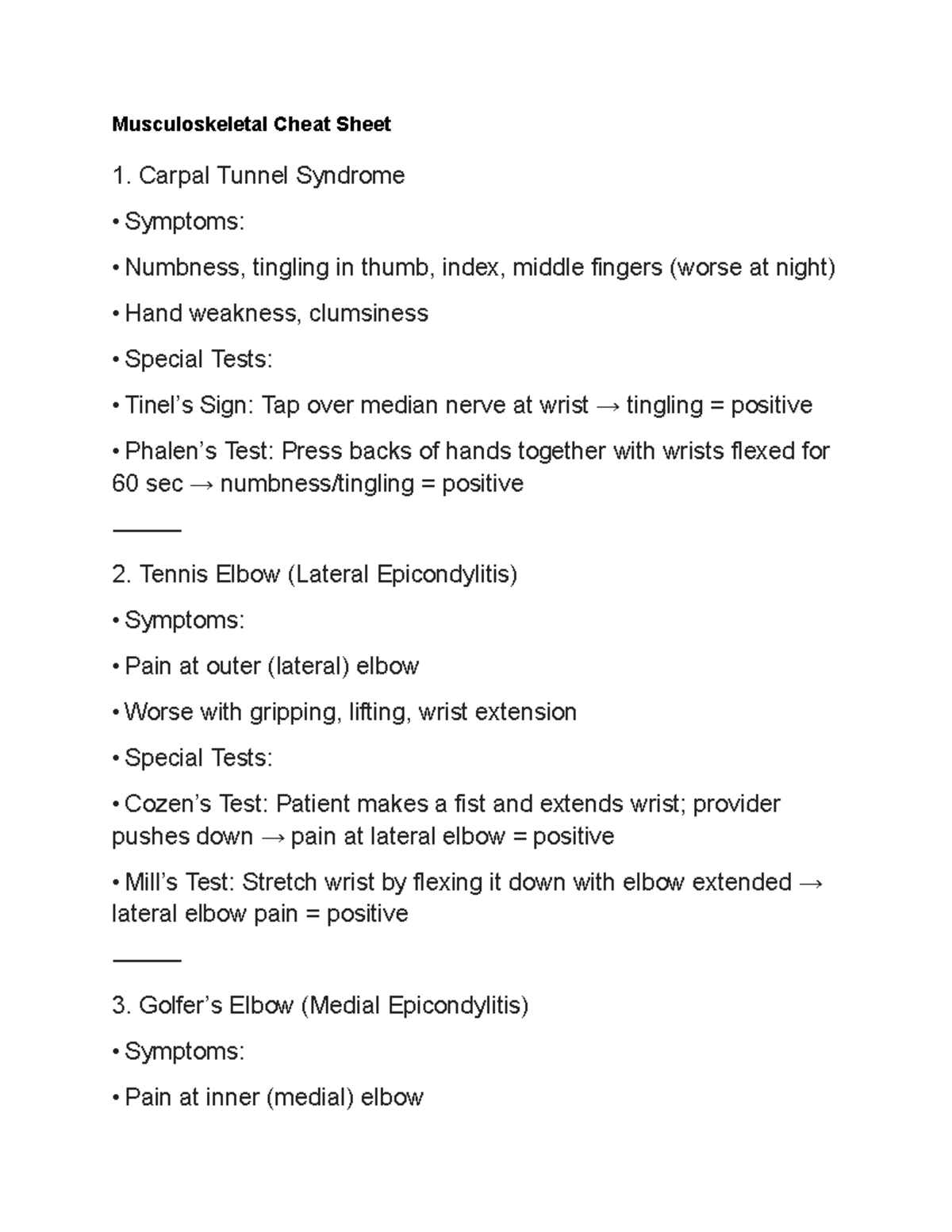 Musculoskeletal Study Guide: Common Injuries & Symptoms - Studocu