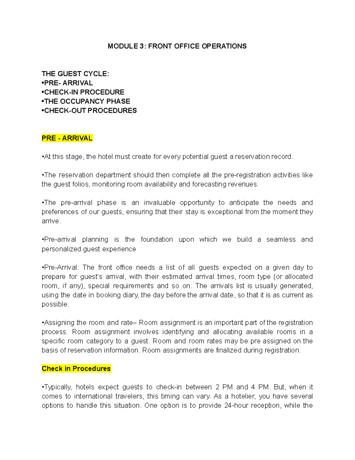 MODULE 3 & 4: Front Office Operations & Guest Cycle Procedures - Studocu