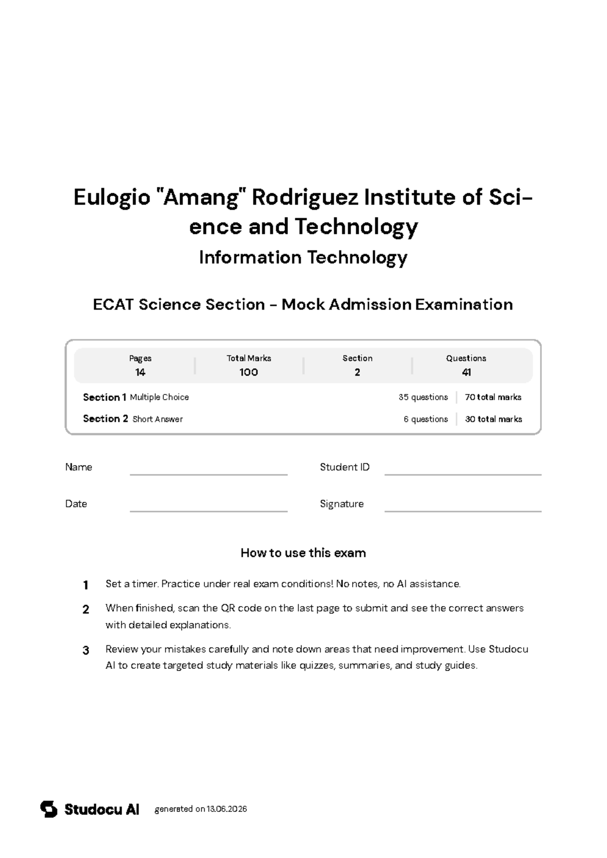 ECAT Science Section - Mock Admission Exam - Studocu