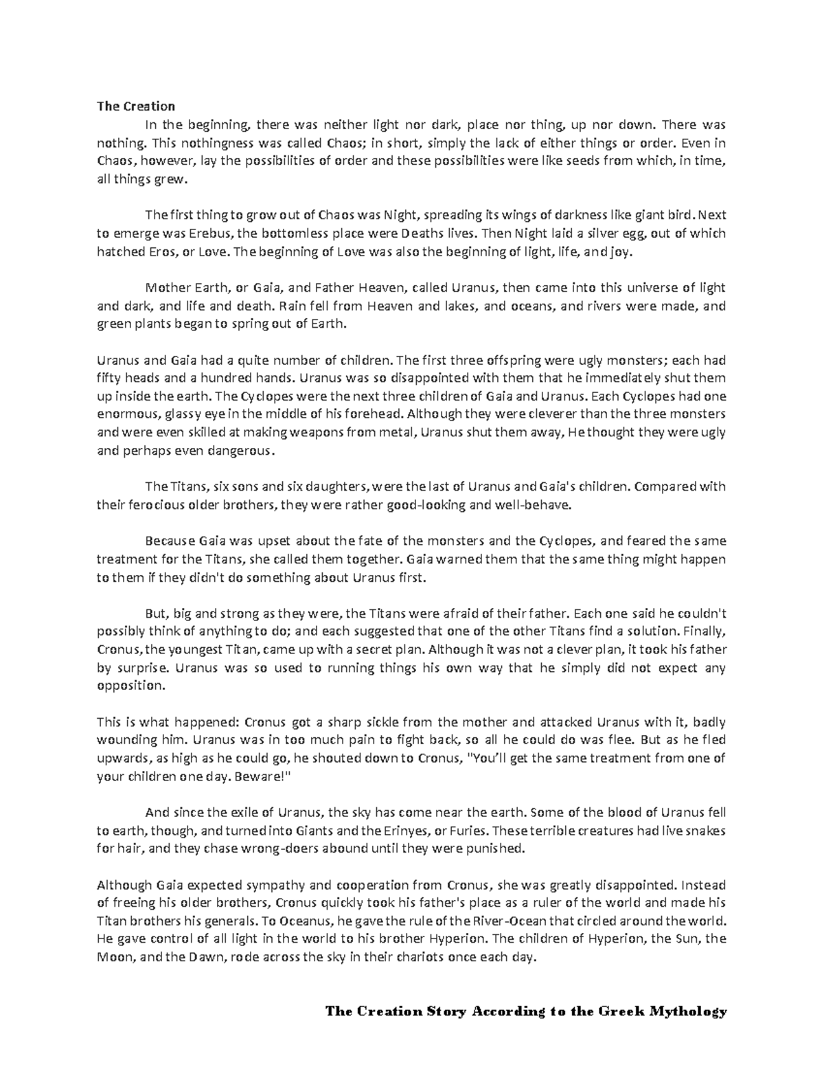 The Story of Creation According to Greek Myth (Textbook Version) - The ...