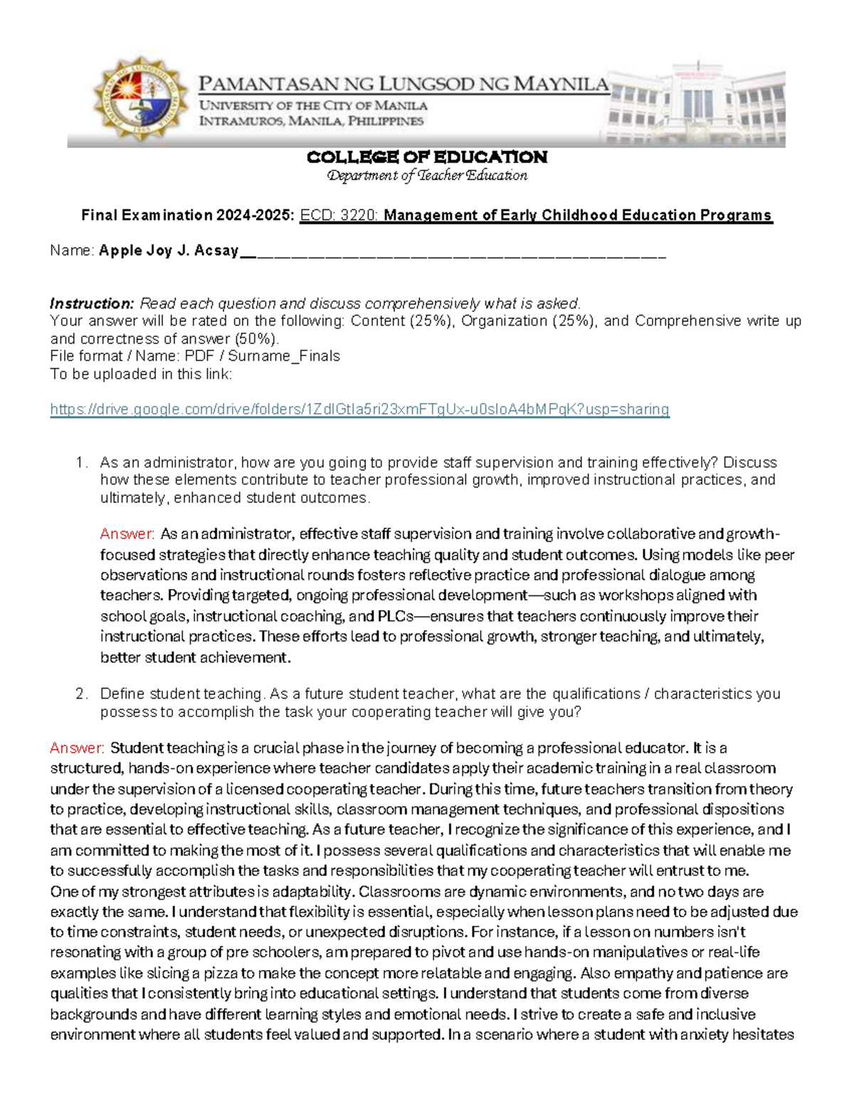 ECD 3220 Final Exam Notes: Management of Early Childhood Education ...