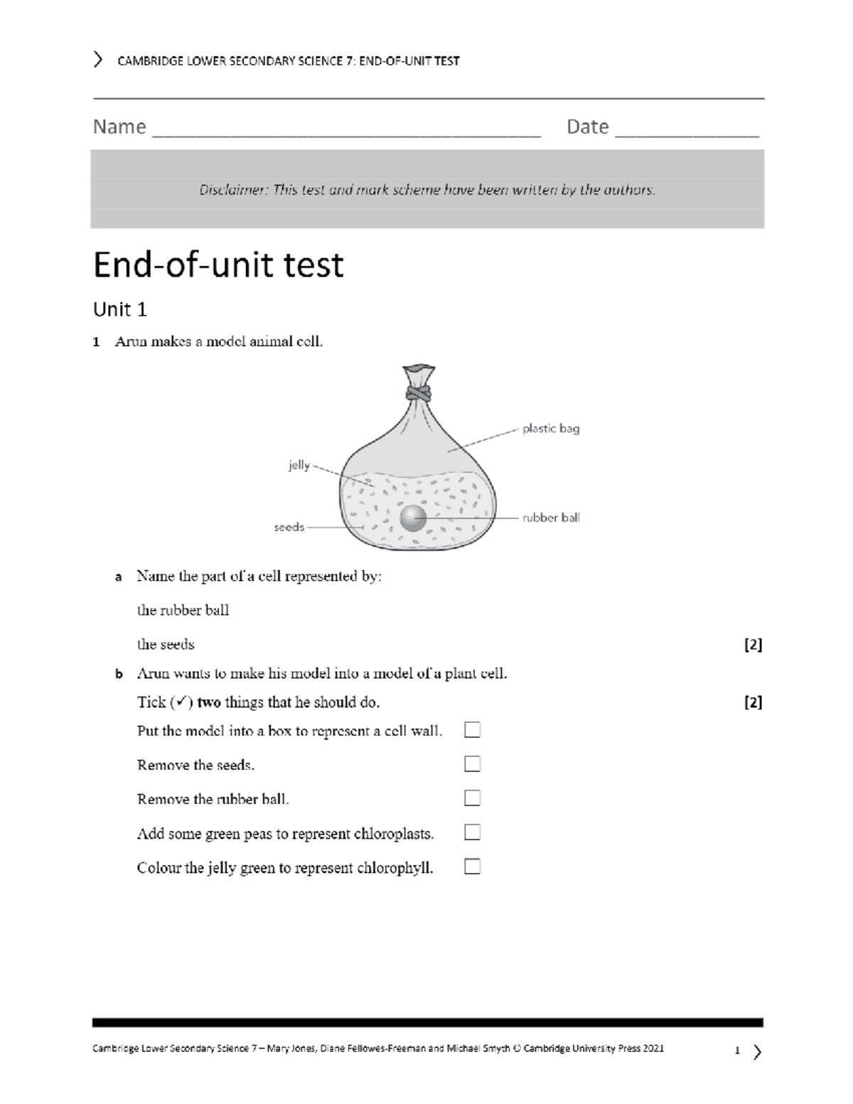 Cambridge Science 7 End-of-Unit Test Cell Biology - CAMBRIDGE LOWER ...