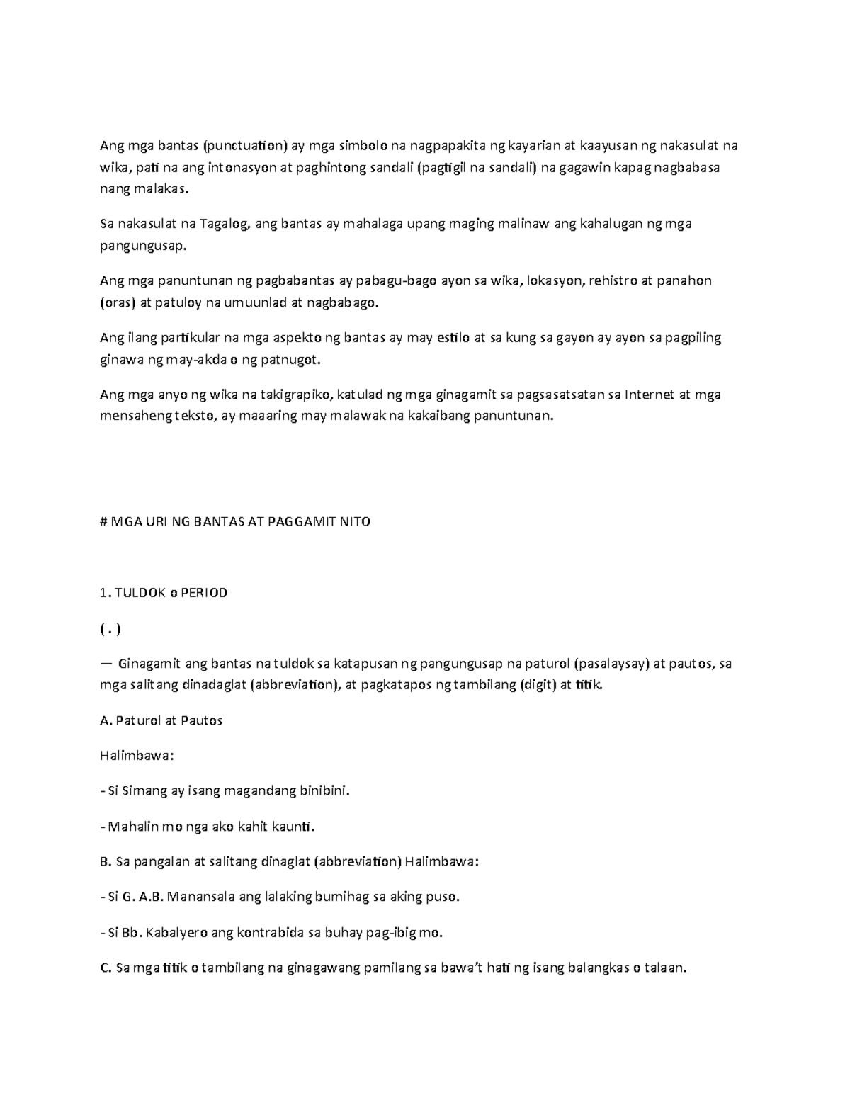 Mga Bantas: Tamang Gamit at Kahalagahan sa Wikang Filipino - Studocu